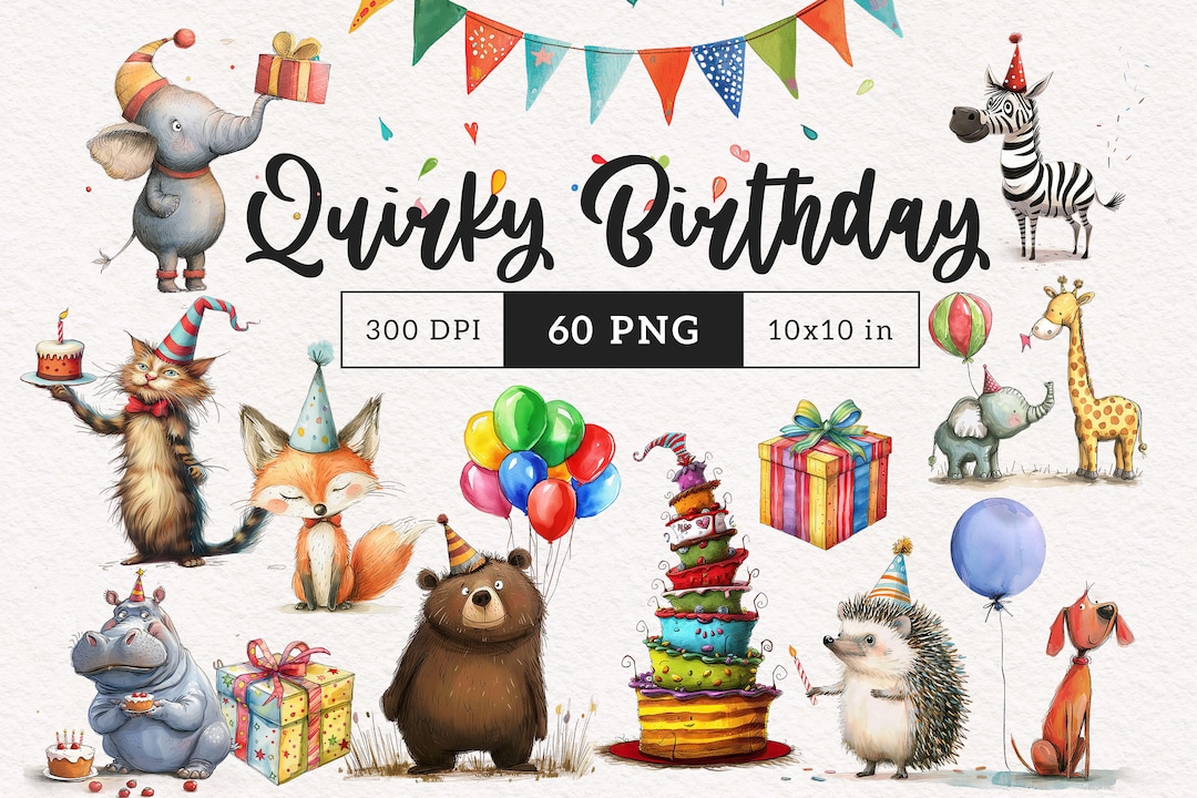 Quirky Birthday Animals Clipart PNG Whimsical Safari Woodland Farm ...