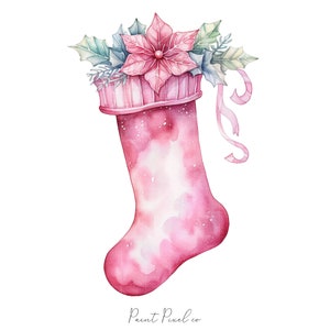 8 Pink Christmas Stocking Watercolor Clipart High Quality Jpgs Clip Art ...
