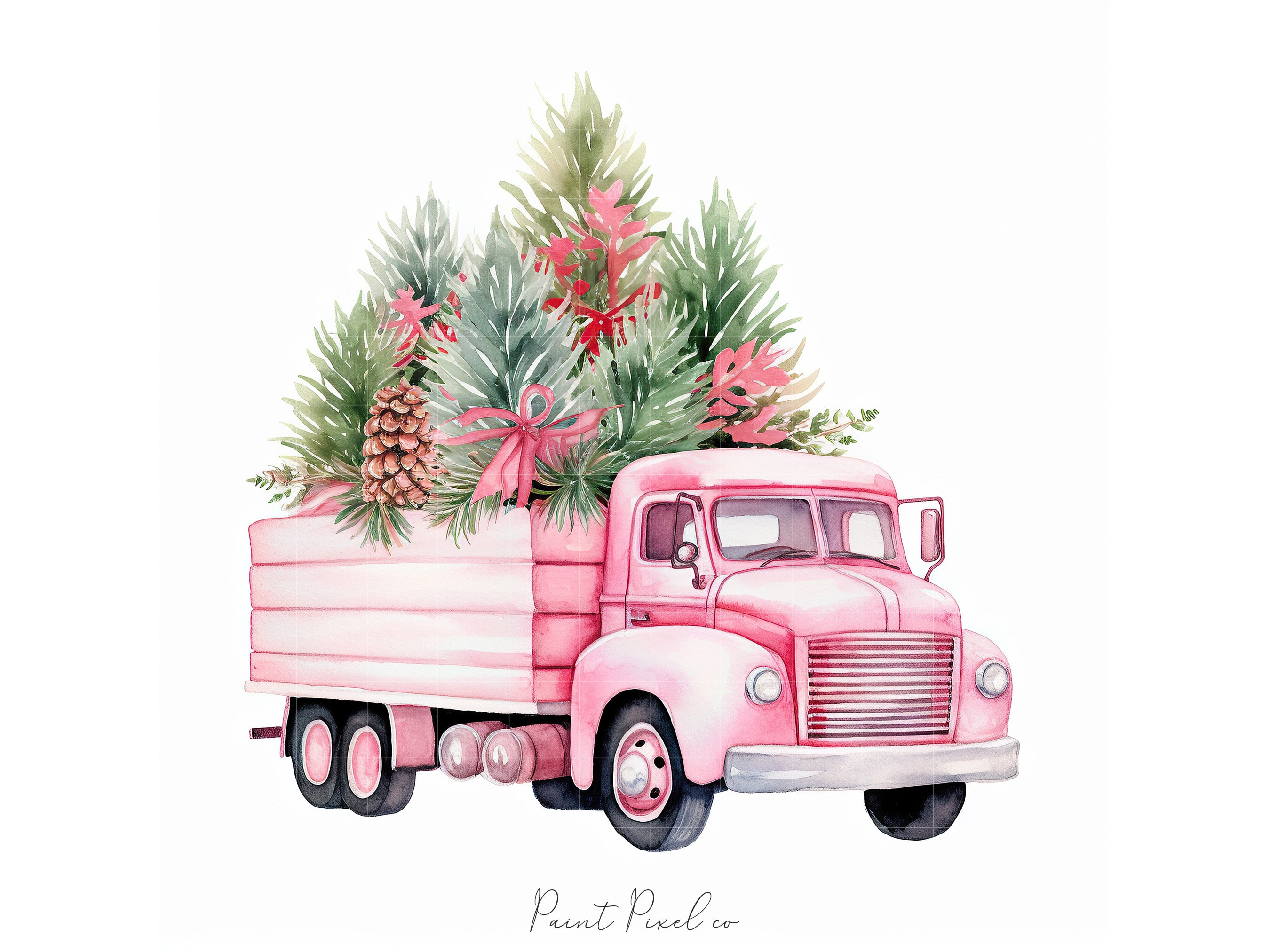 10 Pink Christmas Truck Clipart High Quality Jpgs Watercolor Clip Art ...