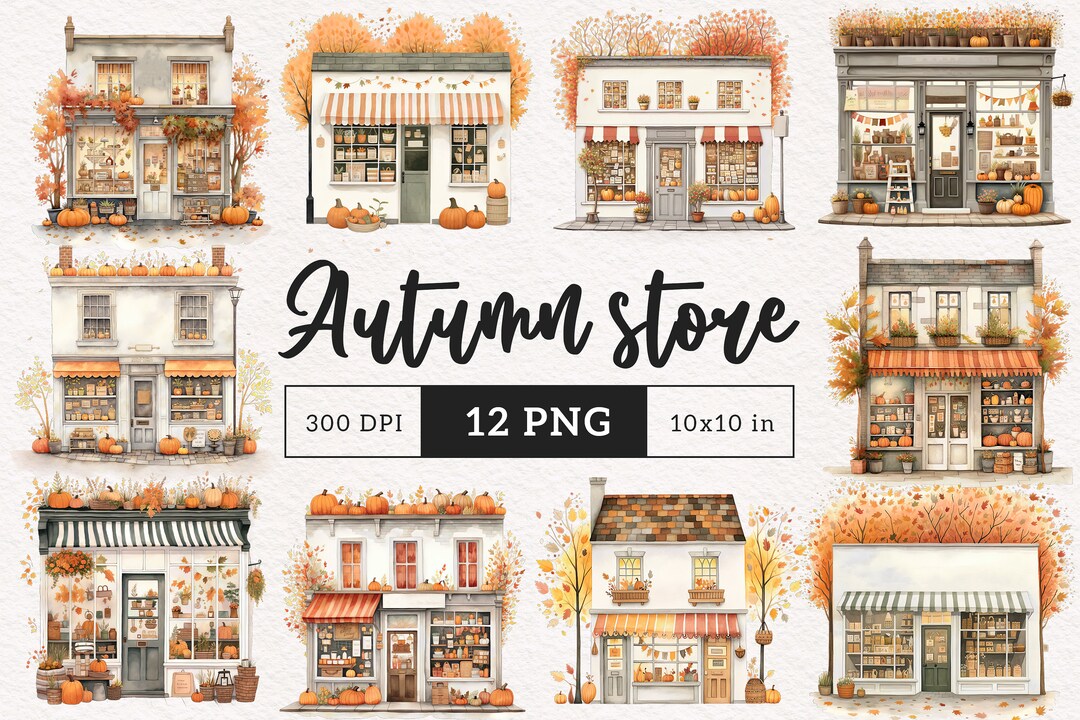 Autumn Store Clipart Boho Shop PNG Watercolor Cute Fall Cafe Graphics ...