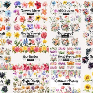 Flower Clipart Bundle Floral PNG Watercolor Summer Blooms Autumn Spring ...