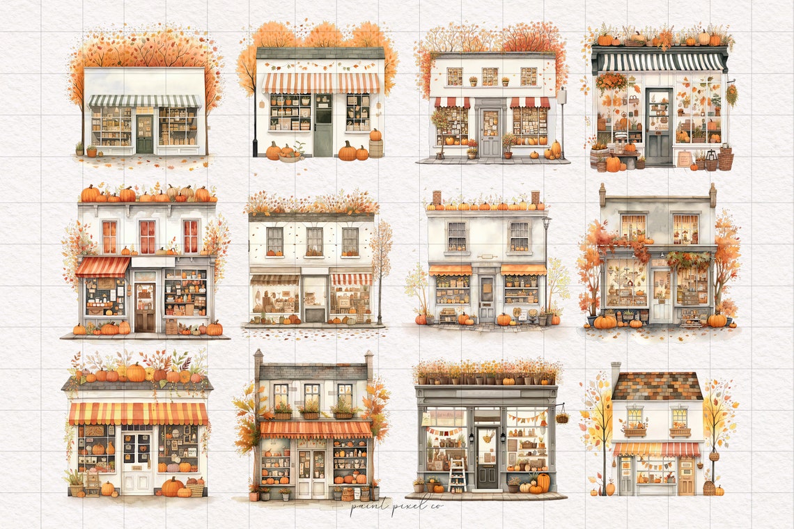 Autumn Store Clipart Boho Shop PNG Watercolor Cute Fall Cafe Graphics ...