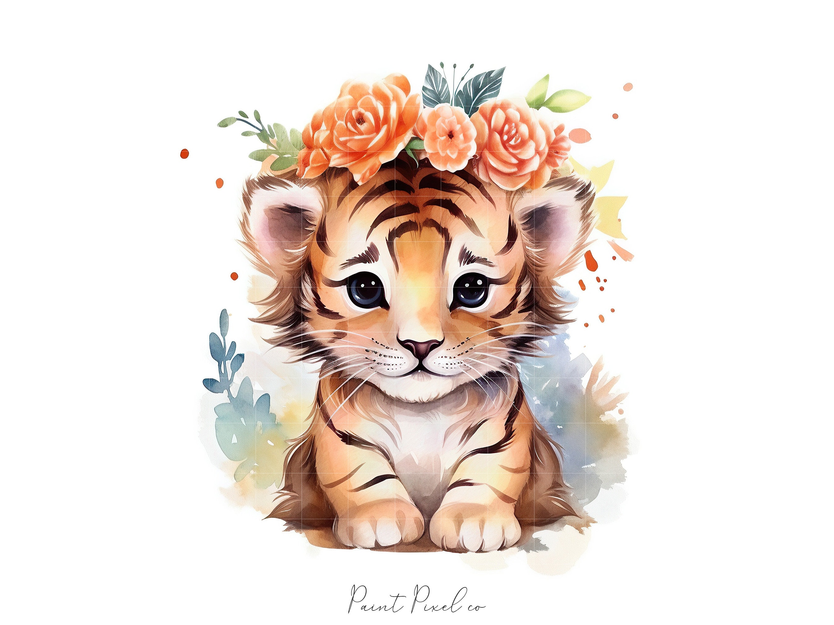 10 Floral Tiger Clipart High Quality Jpgs Watercolor Baby Animal Clip ...