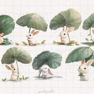 Whimsical Rabbit in Rain Clipart Baby Bunny With Leaf Umbrella PNG ...