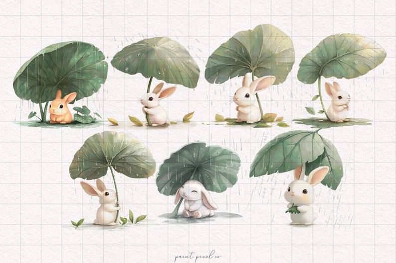 Whimsical Rabbit in Rain Clipart Baby Bunny With Leaf Umbrella PNG ...