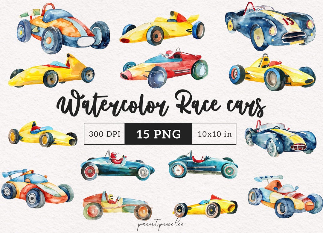 Watercolor Race Cars Clipart Cute Boys Room Decor Racing Cars Party PNG ...