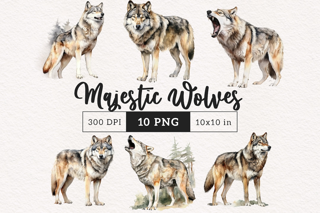 Wolf Clipart PNG Bundle Watercolor Wolves Howling Sublimation Transfer ...