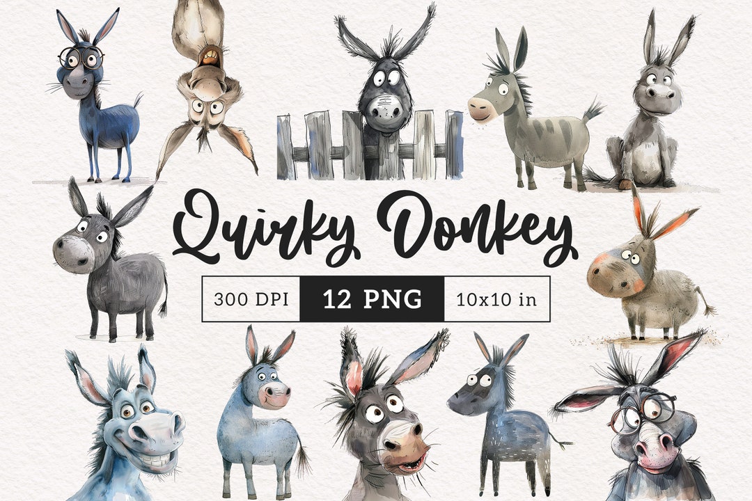 Quirky Donkey Clipart PNG Whimsical Donkeys Sublimation Clip Art Farm ...