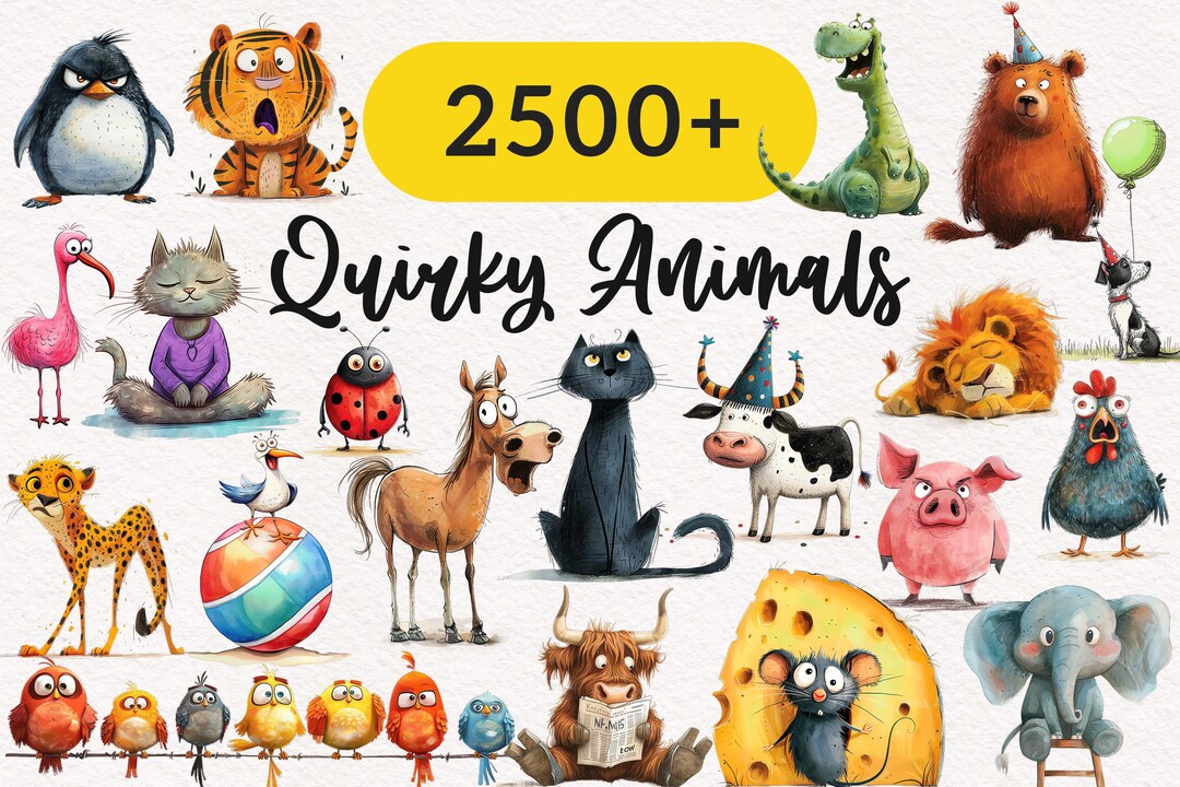 Quirky Animals Mega Bundle PNG Whimsical Animals Clipart Funny Safari Sublimation Clip Art ...