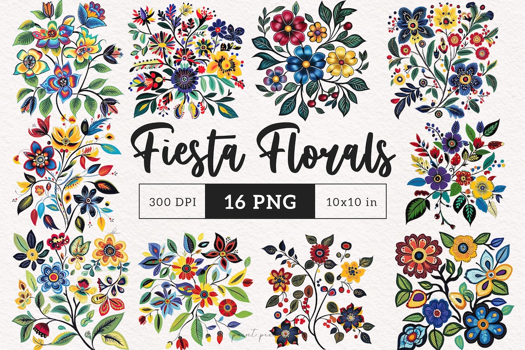 Fiesta Flowers Clipart Fiesta PNG Watercolor Clip Art Boho Illustration ...