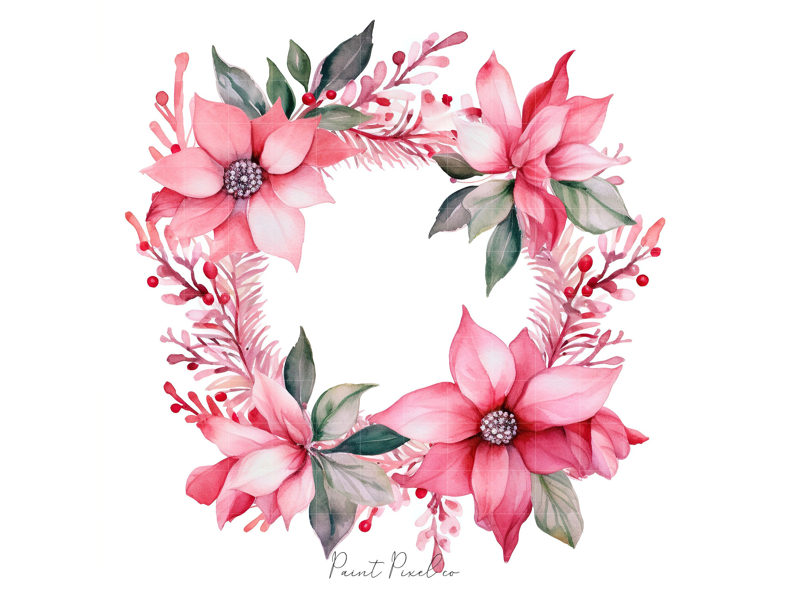8 Pink Christmas Wreath Clipart High Quality Jpgs Watercolor Clip Art ...