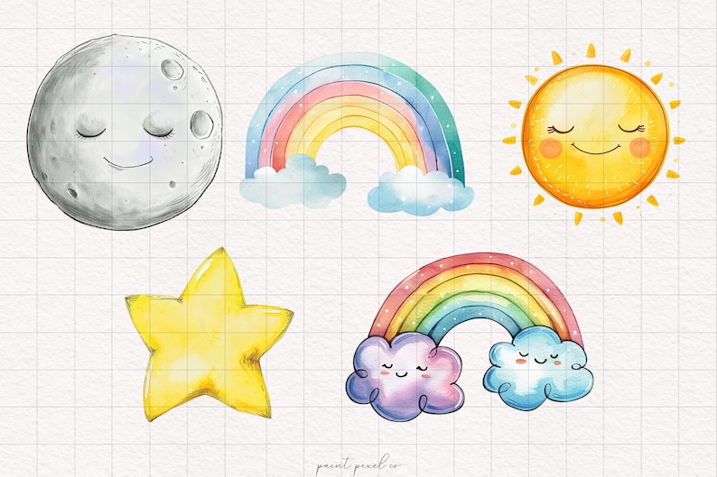 Rainbow Clipart Sun Stars Clouds PNG Moon Sky Elements Watercolor Cute ...