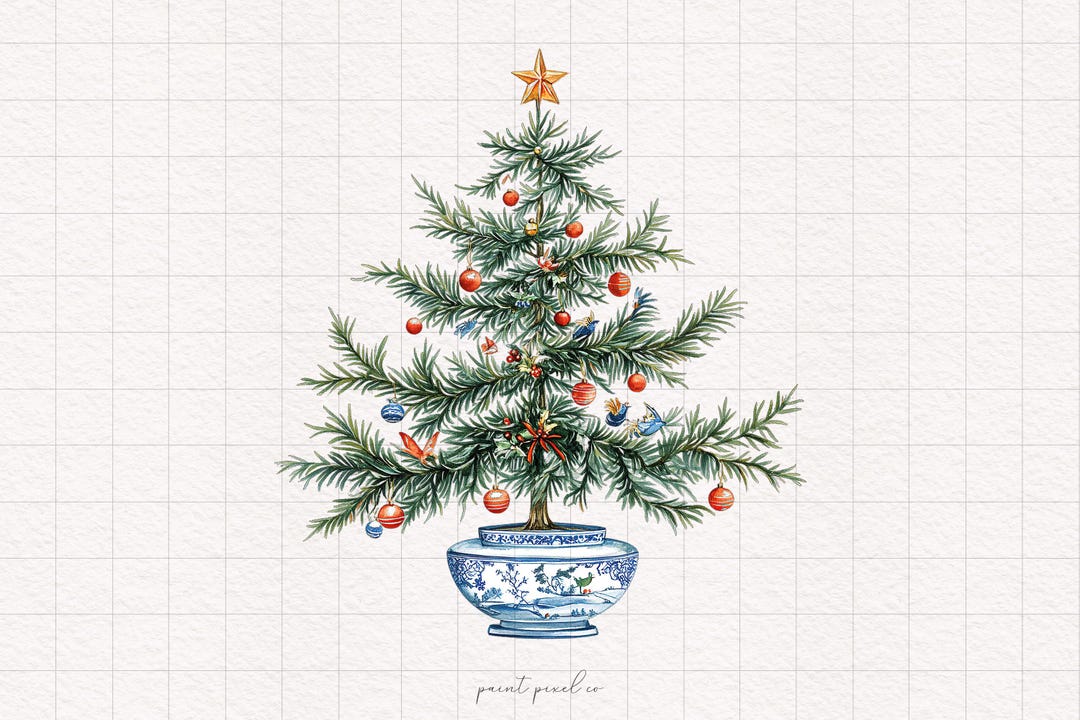 7 Toile Christmas Tree Clipart Holiday Chinoiserie Xmas Tree PNG Winter ...