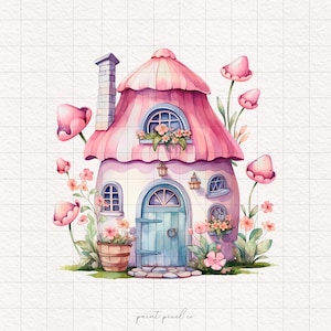 Pink Toadstool House Clipart Enchanted Mushroom Fairy PNG Pink ...