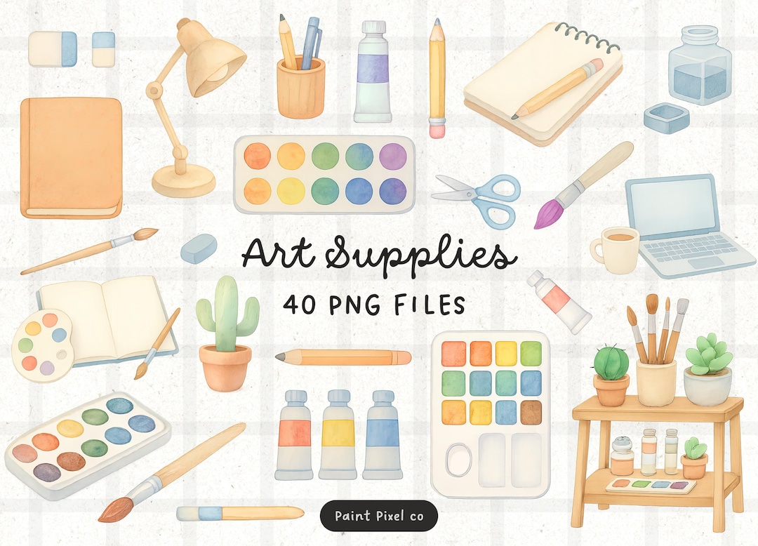 40 Artist Supplies Clipart Bundle - Pastel Art Tools PNG Images ...