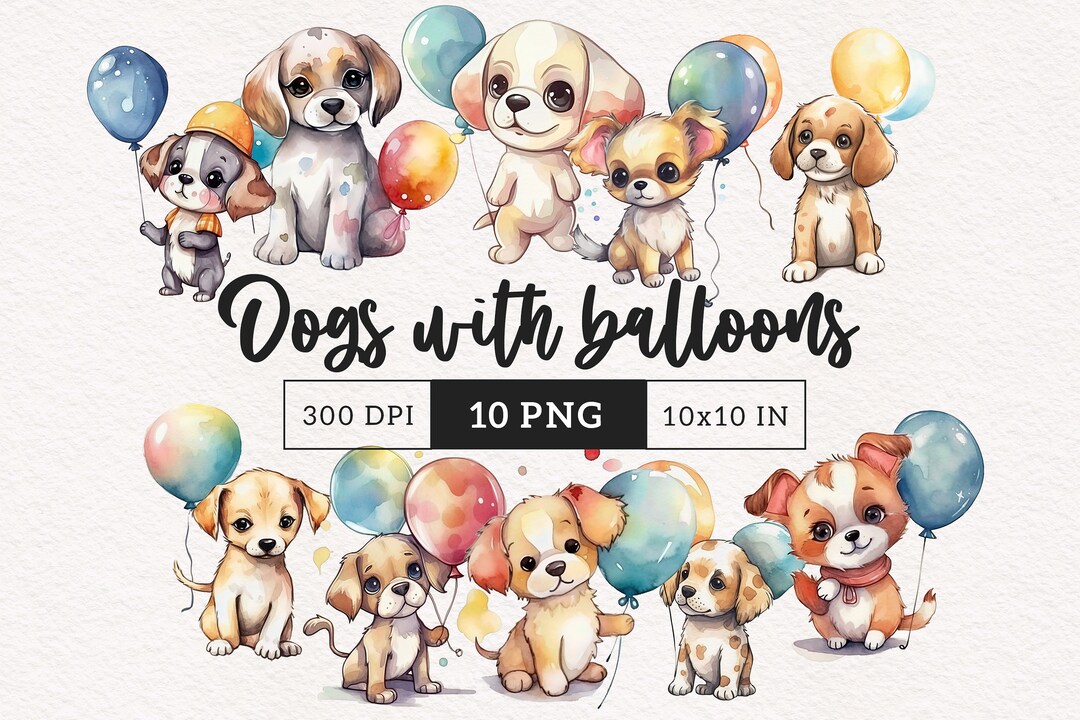 Party Dogs Clipart PNG Watercolor Dog Clip Art Puppy With Balloon PNG ...
