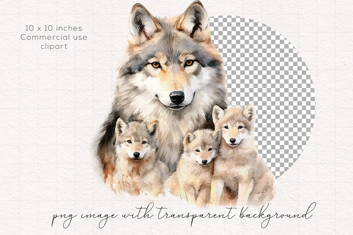 Wolf and Cubs Clipart PNG Bundle Watercolor Mother Wolves Sublimation ...