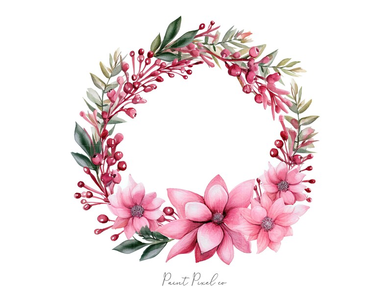 8 Pink Christmas Wreath Clipart High Quality Jpgs Watercolor Clip Art ...