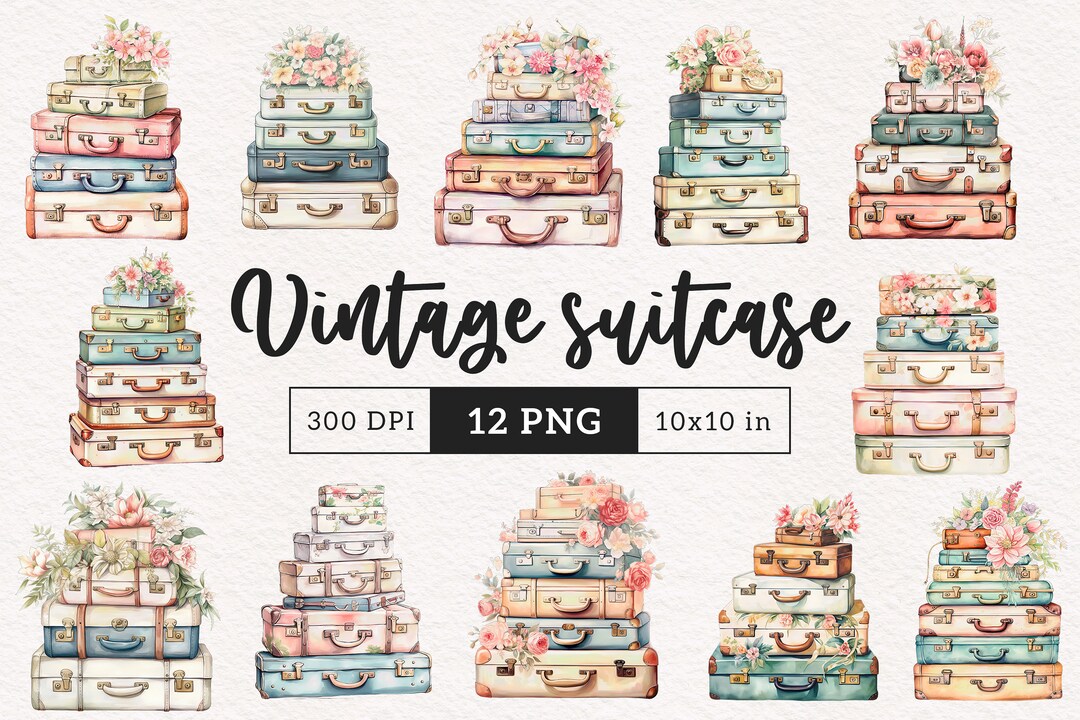 Vintage Suitcase Ephemera Clipart Watercolor Suitcase Retro Clip Art ...