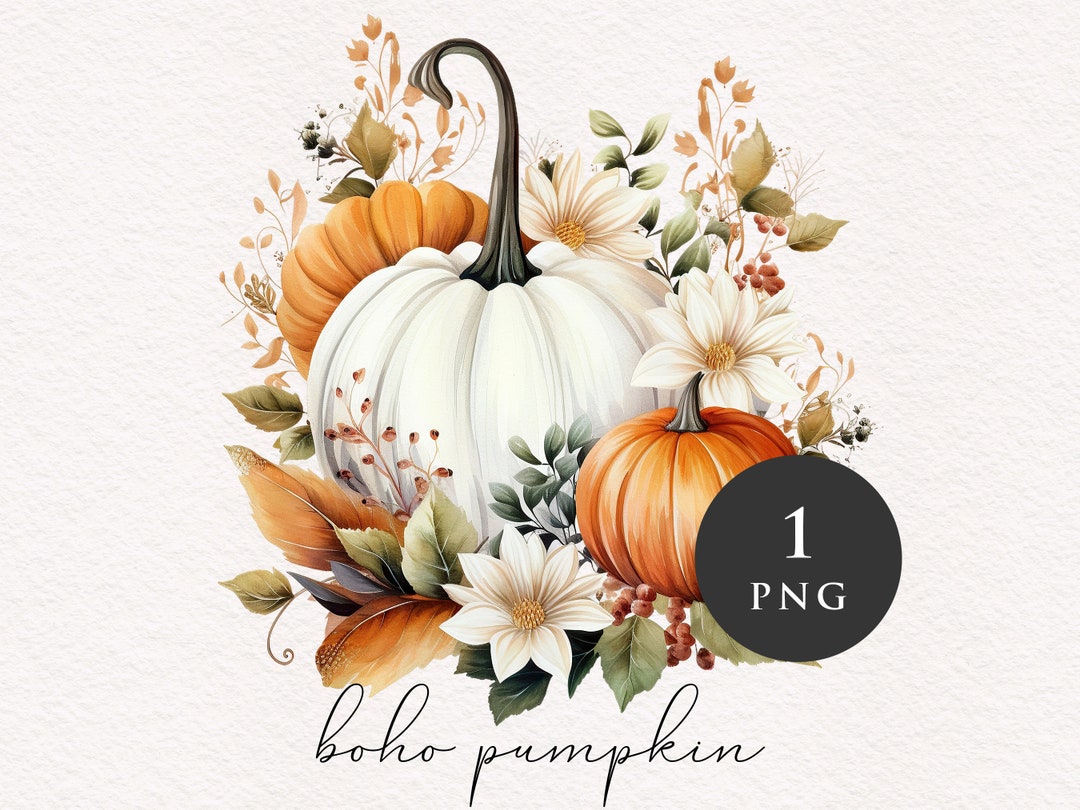 Boho Fall Pumpkin Clipart Floral Pumpkins Bouquets PNG Bohemian Autumn ...