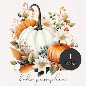 Boho Fall Pumpkin Clipart Floral Pumpkins Bouquets PNG Bohemian Autumn ...