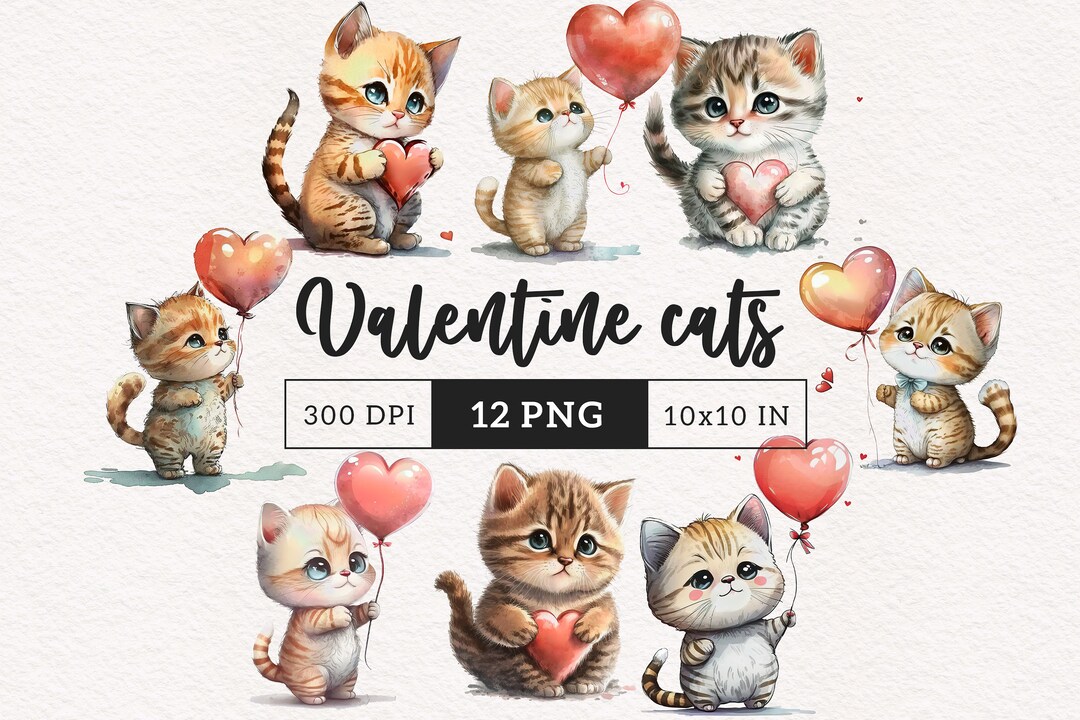 Valentine Cat Clipart PNG Heart Clipart Watercolor Valentine's Day ...