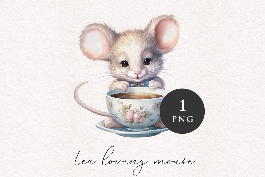 Mouse Drinking Tea PNG Clipart Vintage Animal Clip Art Nursery - Etsy