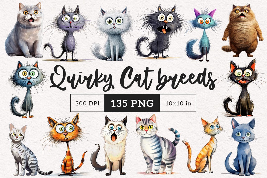 Quirky Cat Breeds Clipart Whimsical Kitten Breeds Sublimation Clip Art ...