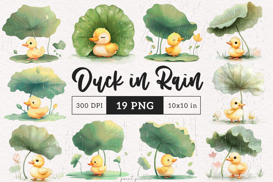 Whimsical Duckling in Rain Clipart Baby Duck With Leaf Umbrella PNG ...