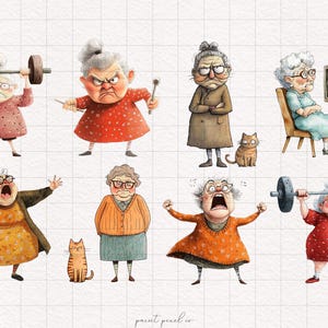 Grumpy Grandma Clipart Moody Granny PNG Whimsical Funny Cartoon Sassy ...