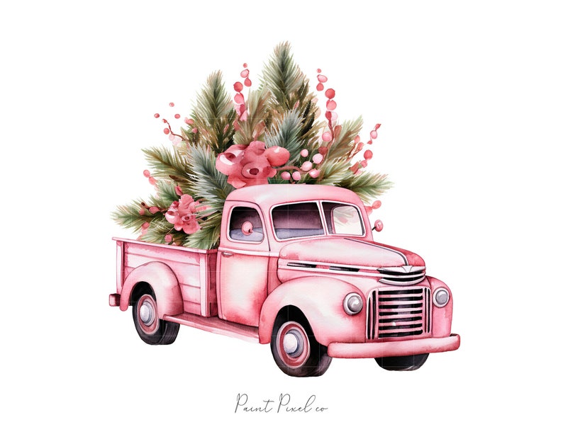 10 Pink Christmas Truck Clipart High Quality Jpgs Watercolor Clip Art ...