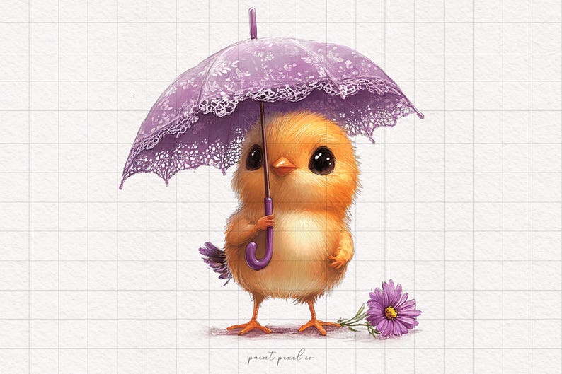 18 Cute Spring Chick PNG Baby Chicken With Umbrella Watercolor Spring ...
