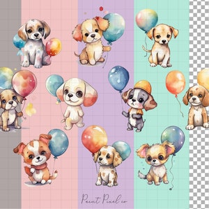 Party Dogs Clipart PNG Watercolor Dog Clip Art Puppy With Balloon PNG ...