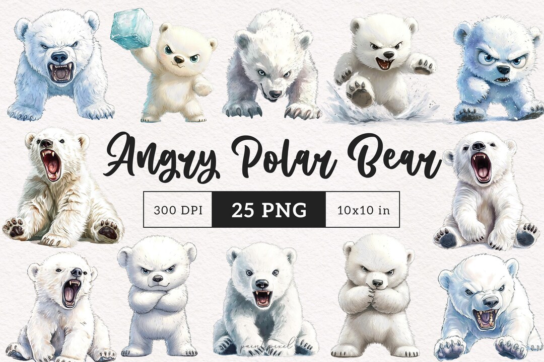 Grumpy Polar Bear Clipart PNG Whimsical Angry Arctic Bear Sublimation ...