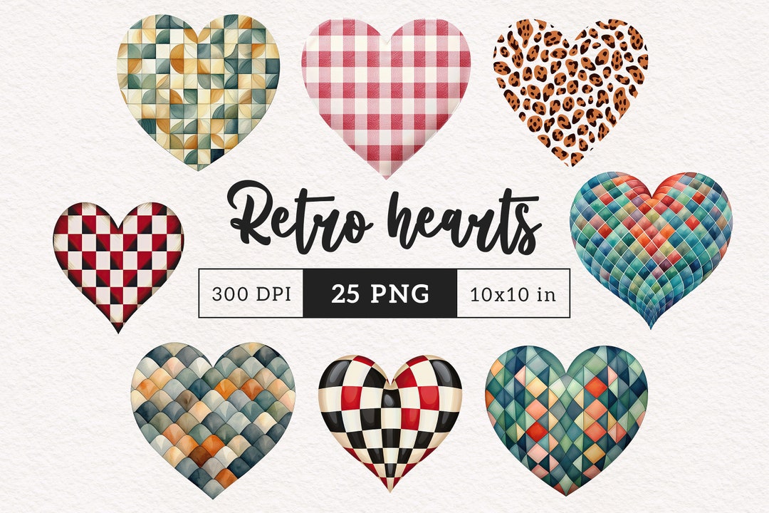 Retro Hearts Clipart PNG Bundle Watercolor Vintage Valentines Day ...
