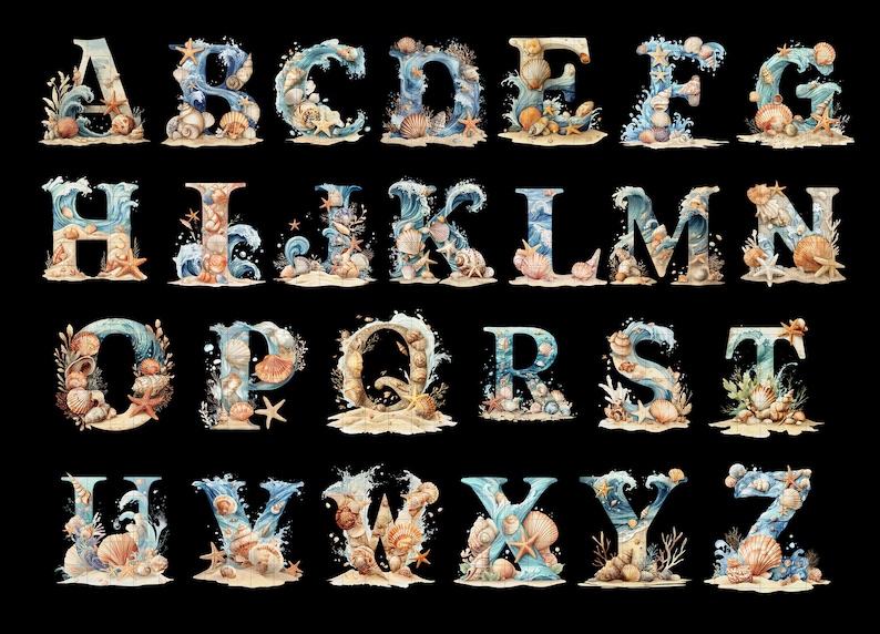 Beach Alphabets Clipart Ocean Alphabets Cute Watercolor Letters ...