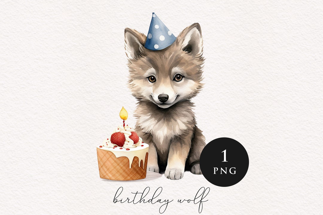 Birthday Wolf Clipart PNG Watercolor Animal With Cake Sublimation ...