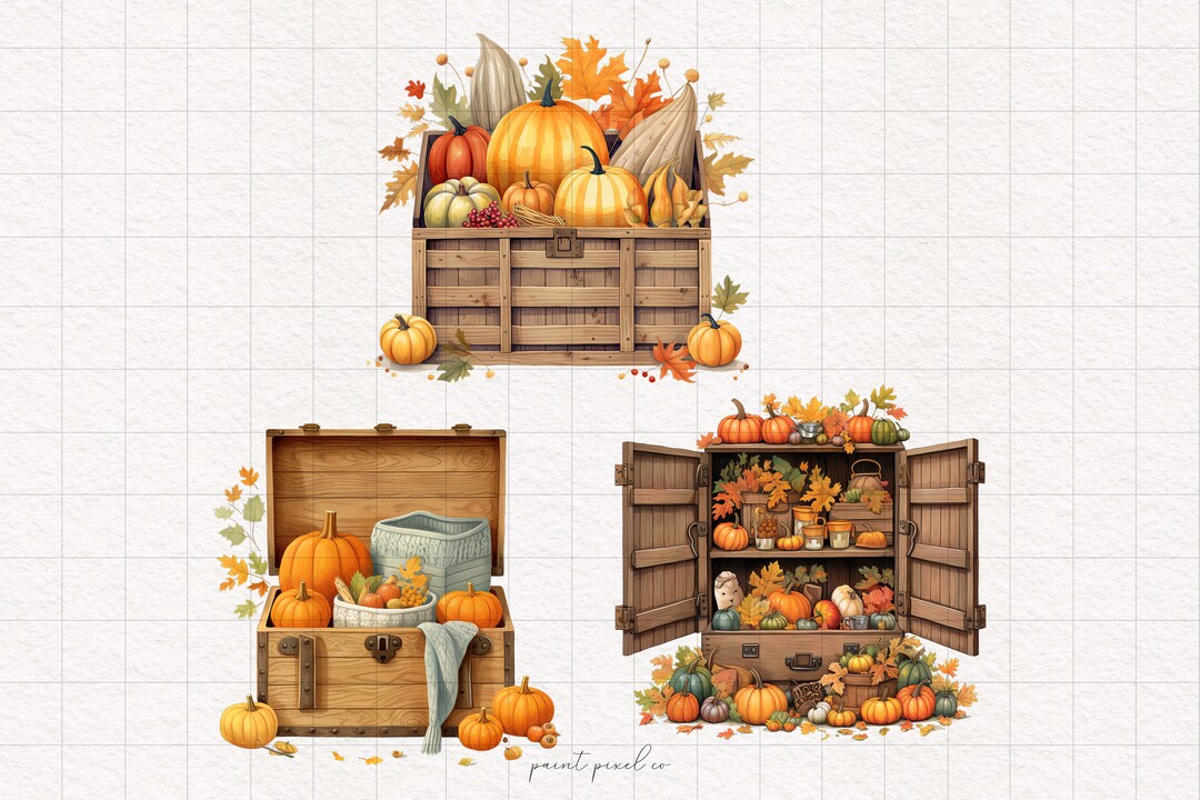 3 Autumn Crate Clipart Boho Fall Wooden Crates PNG Watercolor Floral ...
