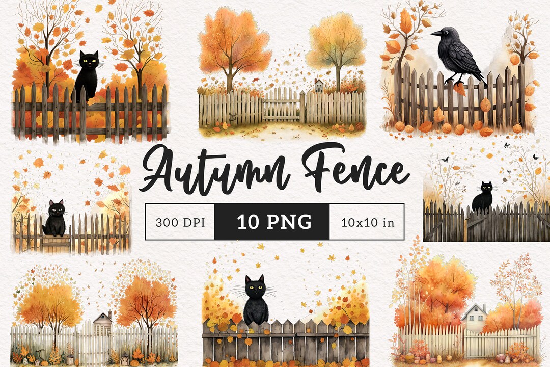 Autumn Fence Clipart Boho Halloween Wooden Fence PNG Watercolor Raven ...