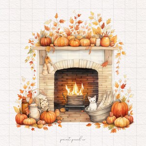 8 Autumn Fireplace Clipart Boho Fall PNG Watercolor Cozy Fireplace ...