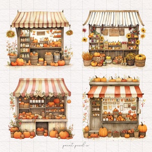 4 Autumn Market Stall Clipart Boho Fall PNG Watercolor Autumn Scene ...