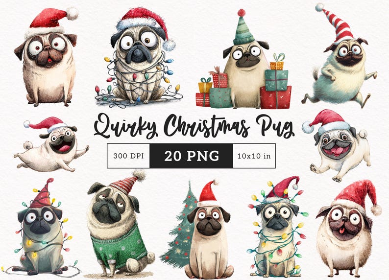 Quirky Pug Clipart Holiday Dog PNG Whimsical Funny Christmas Pugs ...