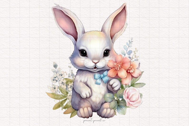 12 Floral Spring Bunny PNG Easter Baby Rabbit With Flowers Cute Clipart ...