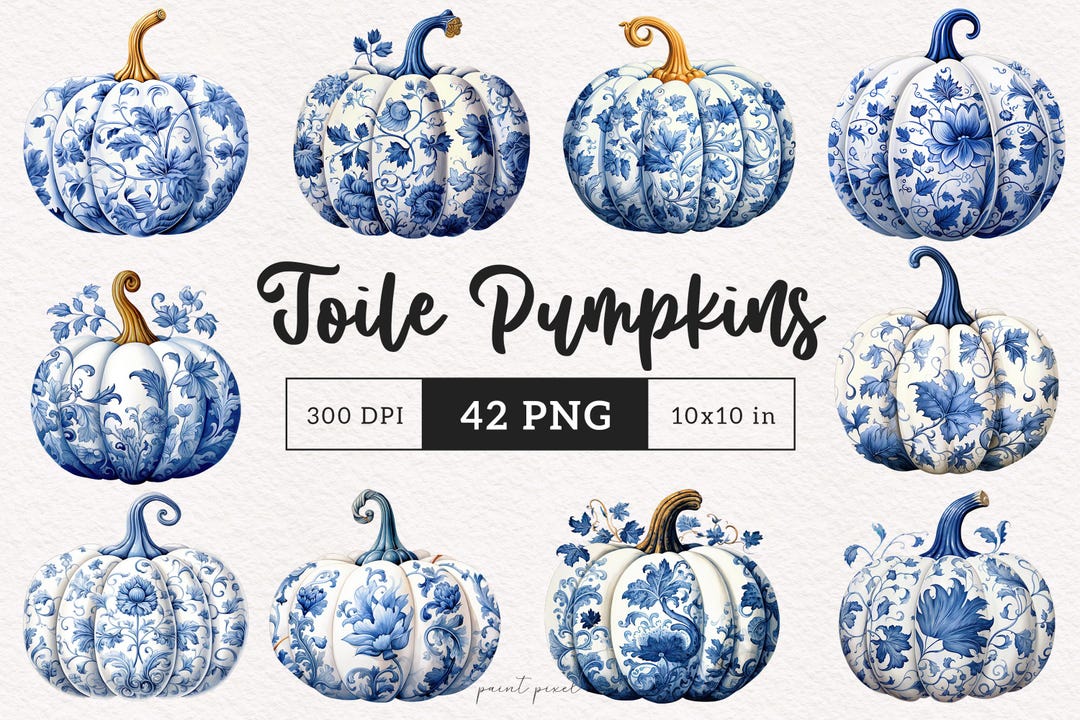 Toile Pumpkins Clipart Blue Chinoiserie Pumpkin PNG Fall Toile ...