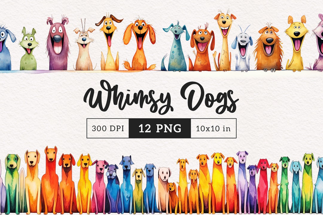 Whimsical Dogs Clipart PNG Bundle Watercolor Quirky Puppies Whimsy ...