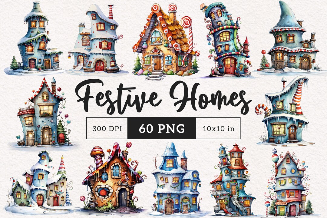 Quirky Christmas Homes Clipart Xmas PNG Whimsical Winter Houses ...