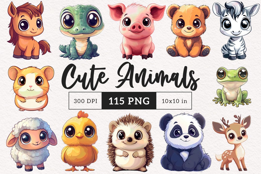 115 Cute Baby Animals Clipart Cuddly Watercolor Animal Chibi PNG ...