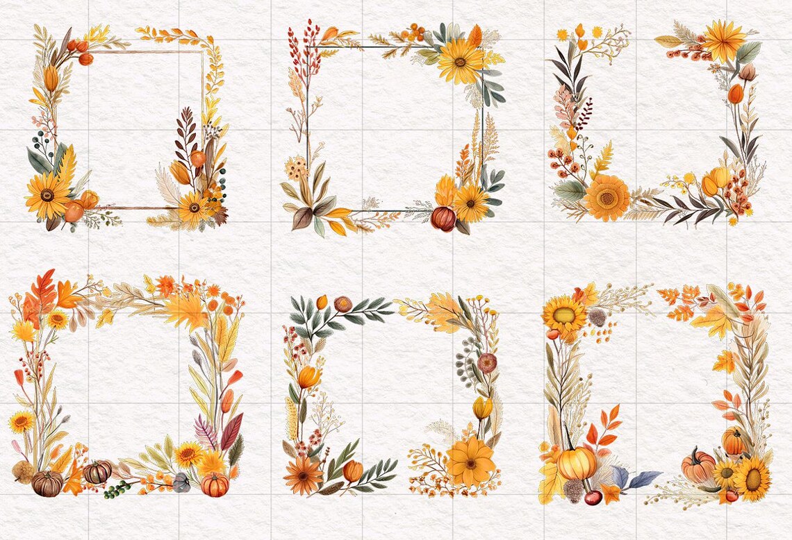 Autumn Border Clipart Boho Orange Flowers PNG Watercolor Fall Floral ...