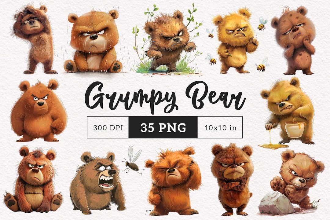 Grumpy Bear Clipart PNG Whimsical Angry Grizzly Bear Sublimation Clip ...