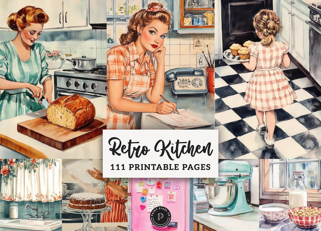 Retro Kitchen Digital Papers - 1950s Rustic Junk Journal Printable ...